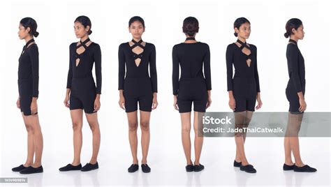 젊은 성인 태닝 스킨 여성의 전장 사람은 자신감과 행복으로 360 프론트 사이드 백 리어 뷰를 스탠드합니다 고립 된 흰색 배경 위에 검은 드레스로 쾌활한 아시아 여성 미소