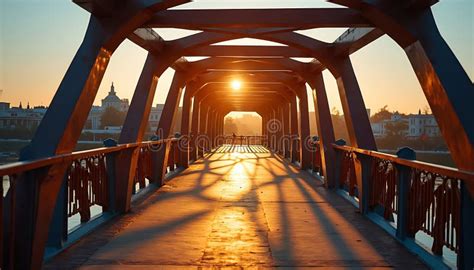 Walking Bridge At Sunrise With Steel Structure And Long Shadows Stock
