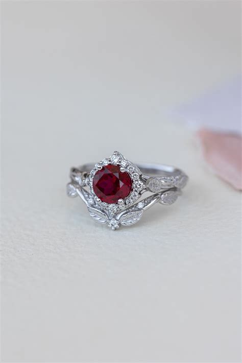 1 5 Ct Lab Ruby Nature Inspired Engagement Ring Set Diamond Halo Ruby Ring And Leafy Wedding