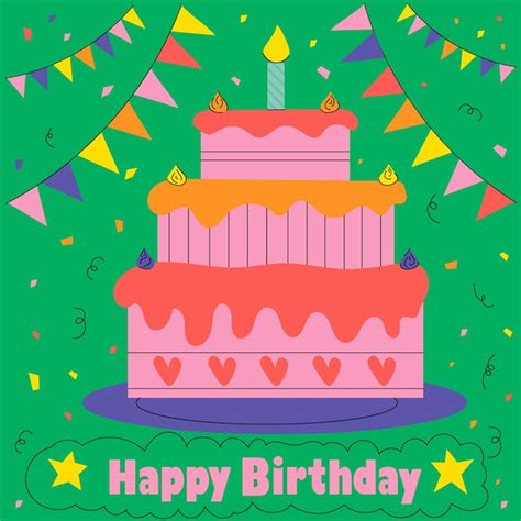 케이크와 촛불이 있는 귀여운 생일 카드 현대 벡터 일러스트 레이 션 프리미엄 벡터