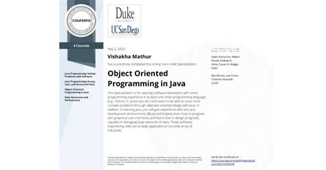 vishakha mathur on linkedin completion certificate for object oriented programming in java