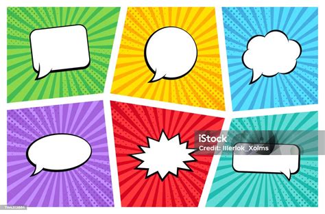 음성 거품을 가진 만화 광선 설정 합니다 만화 슈퍼 히어로 버블 만화 페이지 레이아웃입니다 광선 방사형 하프톤 벡터 일러스트입니다 설계도에 대한 스톡 벡터 아트 및 기타