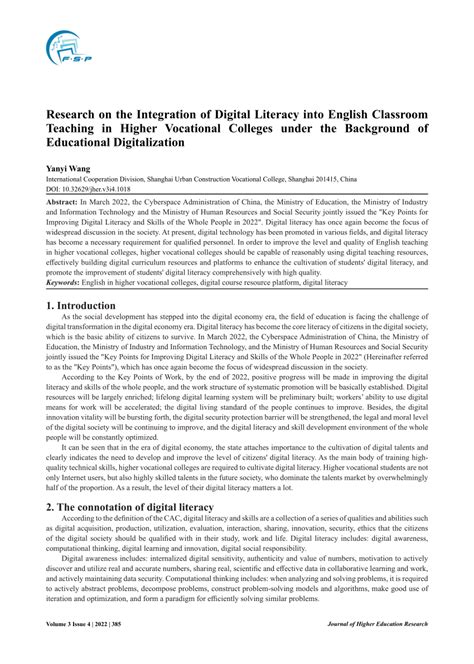Pdf Research On The Integration Of Digital Literacy Into English Classroom Teaching In Higher