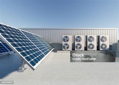 옥상에 태양 전지판 응축기 장치 또는 압축기에 있는 광전지의 3d 렌더링 미래를 위한 시스템 기술로 에코 빌딩 전력 또는 직류 전기를 생성합니다 3차원 형태에 대한 스톡