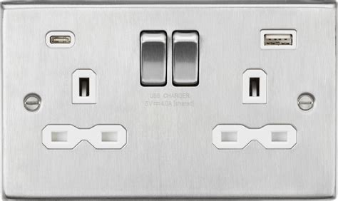13A 2G SP Switched Socket With Dual USB A C 5V DC 4 0A Shared Brushed Chrome With White