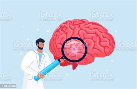 과학자 또는 의사가 신경 세포와 돋보기를 들고 진단 및 뇌 연구 화학 실험 심리학 및 신경학 알츠하이머 치매 질환에 대한 의사 교육 뇌졸중에 대한 스톡 벡터 아트 및 기타