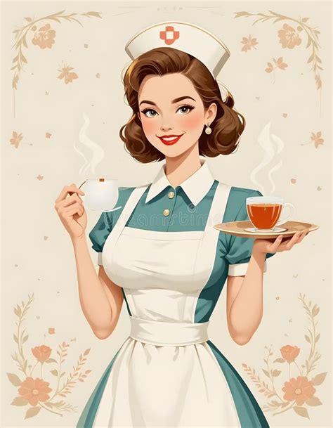 Vintage Pin Up Nurse Serving Tea Retro Healthcare Illustration Stock