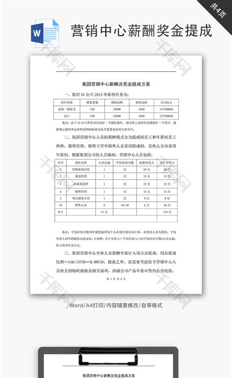 营销中心薪酬及奖金提成方案Word文档 千库网 wordID82362