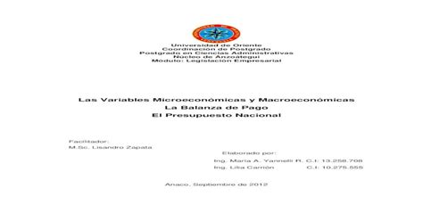 Las Variables Microeconómicas Y Macroeconómicas La Balanza De Pago El Presupuesto Nacional