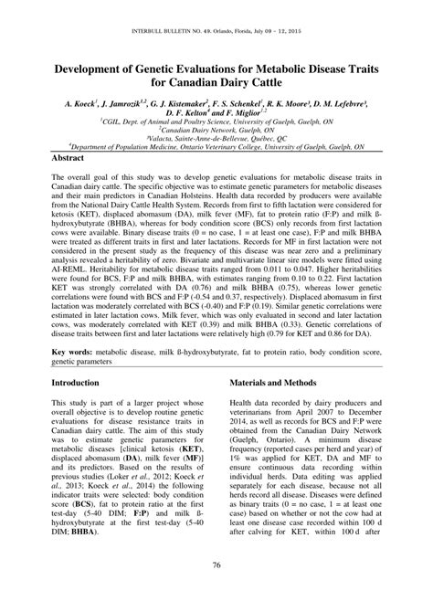 Pdf Development Of Genetic Evaluations For Metabolic Disease Traits For Canadian Dairy Cattle
