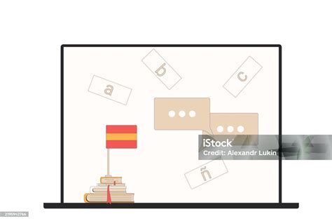 스페인어 온라인 학교 배우기 발음 및 기타 외국어 기술을 연습하고 훈련합니다 흰색 배경에 고립 된 스페인 국기가 있는 노트북