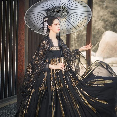 Hanfu 고대 의상 동양 중국어 전통 고전 자수 댄스 의상 검은 거즈 스커트 무대 공연 여성 중국 민속 무용 Aliexpress