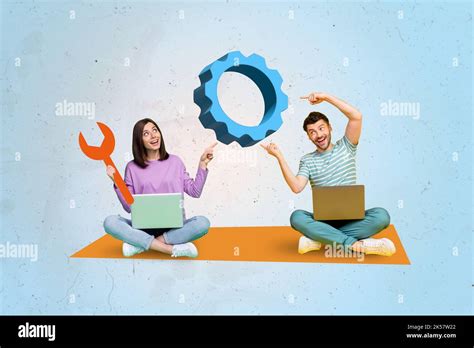 Composite Collage Picture Of Two People Use Wireless Netbook Indicate