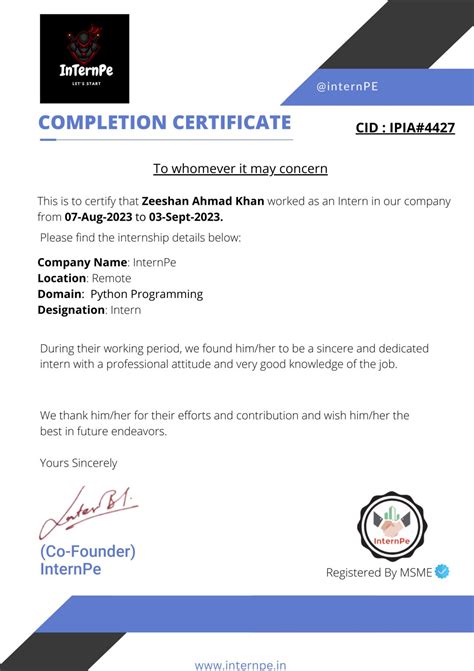 Intenship Completioncertificate Python Internpe Zeeshan Ahmad Khan