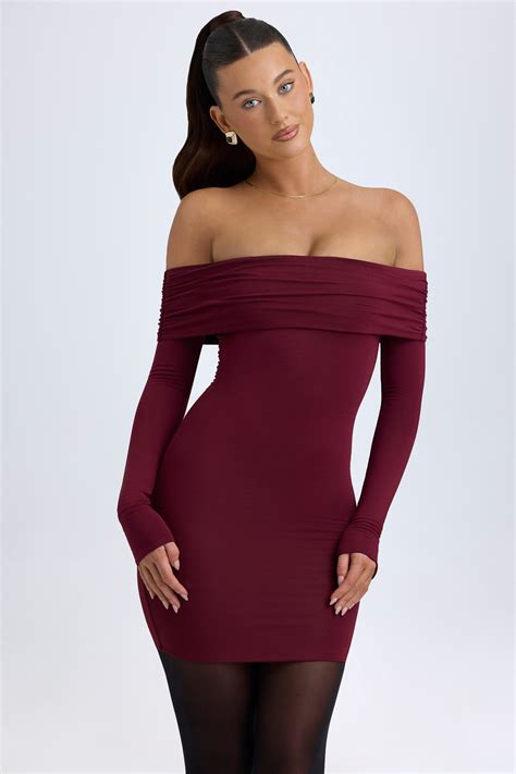 Oriana Modal Off Shoulder Mini Dress In Wine Red Oh Polly