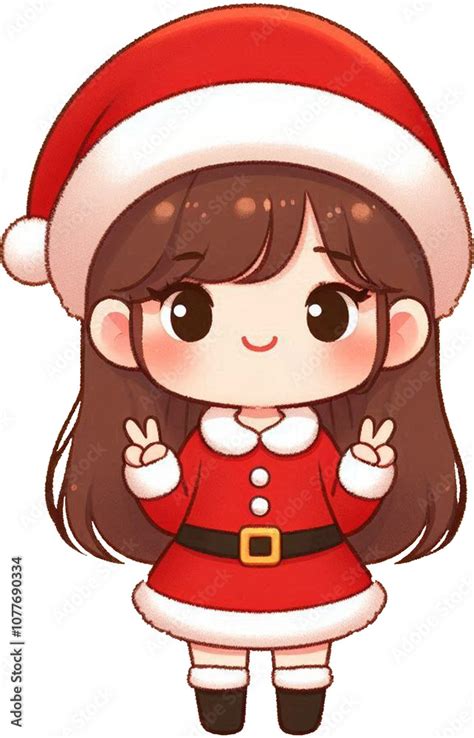 산타클로스 옷과 산타 모자를 쓰고있는 여자아이 일러스트 스톡 일러스트레이션 Adobe Stock