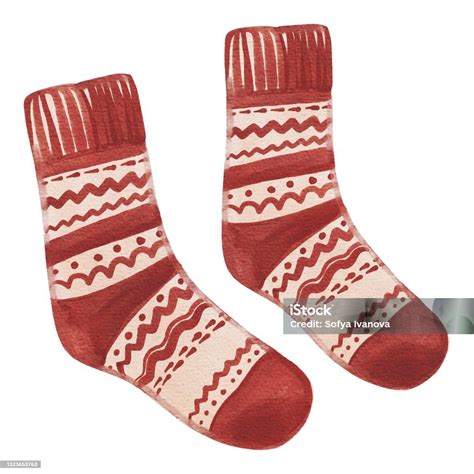 수채화 손 그리기 빨간 모직 아늑한 따뜻한 양말 가을 장식 포스터 인쇄 카드 엽서 배너 수확 축제 상점 섬유 템플릿에 사용 0명에 대한 스톡 벡터 아트 및 기타 이미지