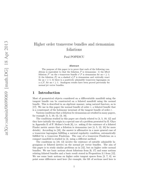 Pdf Higher Order Transverse Bundles And Riemannian Foliations
