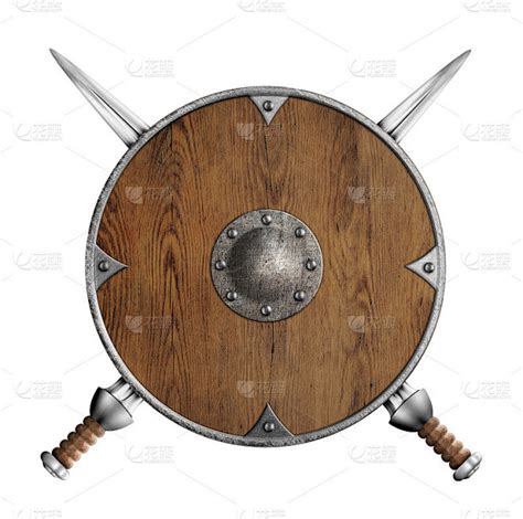 古老的木制圆盾和两把交叉的剑