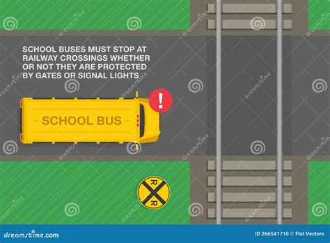School Buses Must Stop At Railway Crossings Back View Of A Yellow