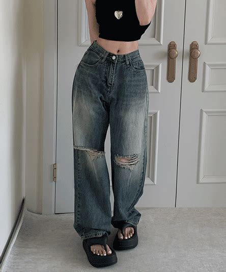 기장선택xl까지 빈티지 데미지 워싱 데님 팬츠 에이블리