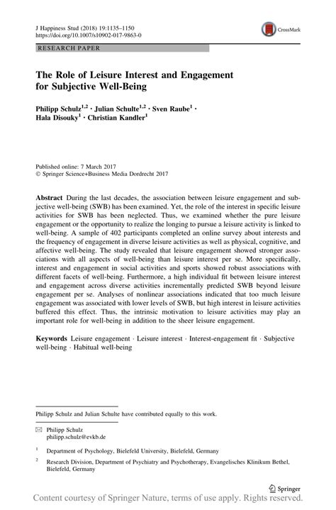 The Role Of Leisure Interest And Engagement For Subjective Well Being