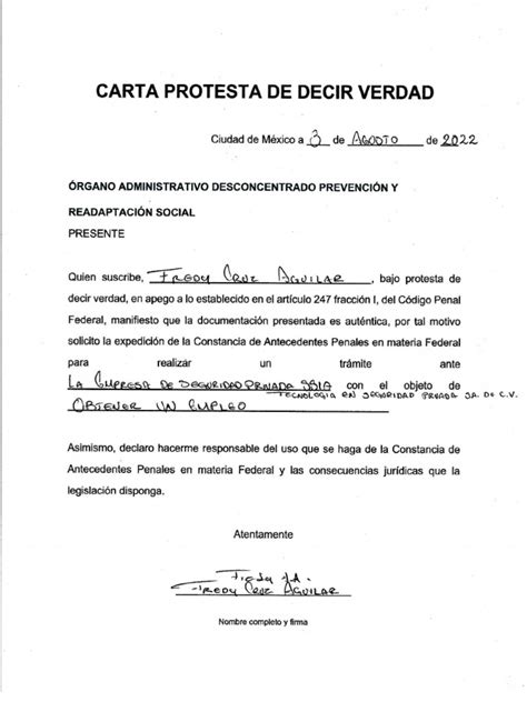 Carta Protesta De Decir Verdad Pdf