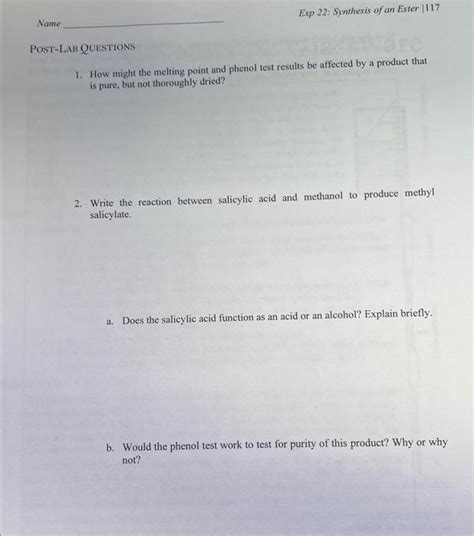 Solved Experiment Synthesis Of An EsterPost Lab Chegg Com