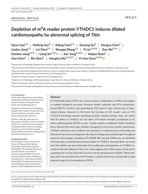 Pdf Depletion Of M6a Reader Protein Ythdc1 Induces Dilated