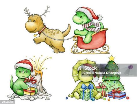 크리스마스 세트 공룡이 있는 클립아트 산타 모자를 쓴 축제 공룡 순록 뿔 휴일 썰매를 특징으로 하는 그림 크리스마스 카드 초대장 및 장식에 적합합니다 가공의 인물에 대한