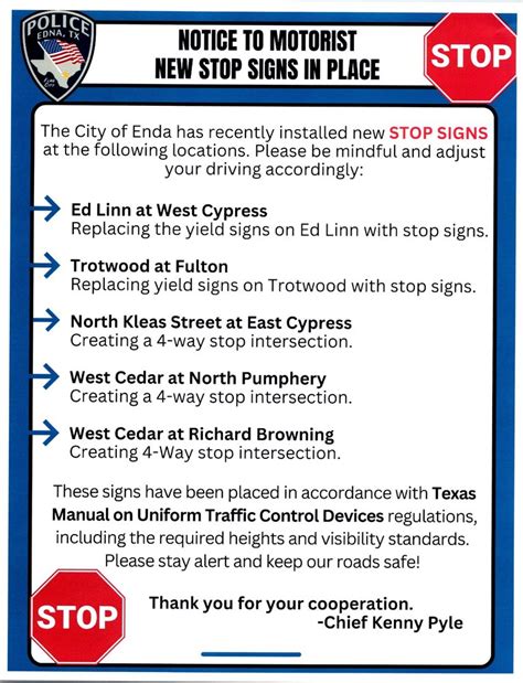 New Stop Sign Locations City Of Edna
