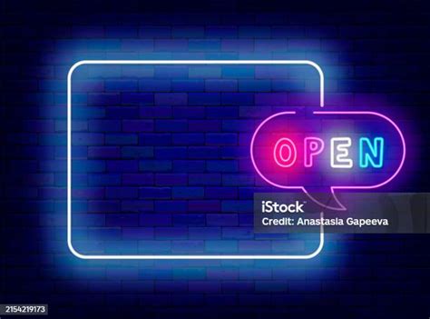 환영 네온 초대장 쇼핑 마케팅 포스터입니다 인사말 카드입니다 빈 흰색 프레임과 열린 표지판 벡터 일러스트 레이 션 축하에 대한 스톡 벡터 아트 및 기타 이미지 Istock