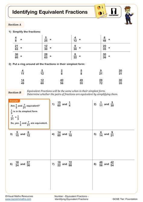 Identifying Equivalent Fractions Worksheet Printable Pdf Year 7 And