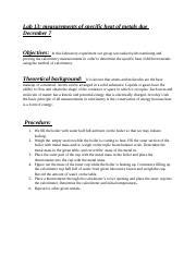 Lab Measurements Of Specific Heat Docx Lab Measurements Of Specific Heat Of Metals Due