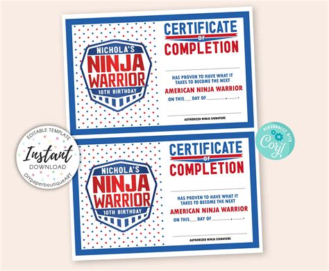 Ninja Warrior Certificate Certificate Of Completion Course Etsy