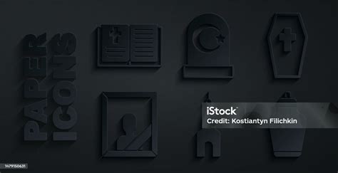 교회 건물 십자가가 있는 관 애도 사진 프레임 장례식 무슬림 묘지 및 성경 책 아이콘을 설정합니다 벡터 3차원 형태에 대한 스톡 벡터 아트 및 기타 이미지 Istock