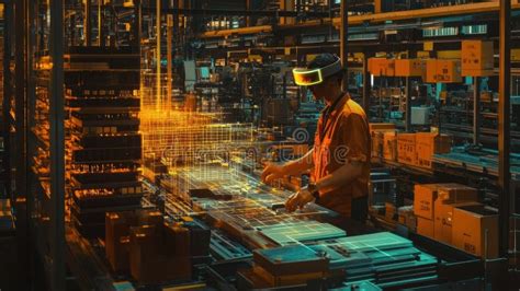 Engineer Using Augmented Reality Goggles In A Modern Factory Stock