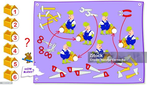 어린이를 위한 인쇄 가능한 교육 페이지 각 작업자가 상자에 몇 개의 도구를 가지고 있습니까 수량을 세고 원을 그리며 숫자를 씁니다 논리 게임 퍼즐 아기 교과서용