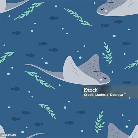 가오리 물고기 해초를 사용한 완벽 한 패턴 해양 생물 바다 수중 수중 개념입니다 만타 레이가 있는 벡터 해양 배경 경사로에 대한 스톡 벡터 아트 및 기타 이미지 Istock