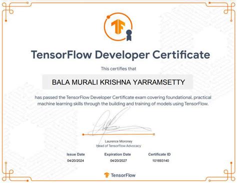 Bala Murali Krishna Yarramsetty On Linkedin Tensorflow Certified Ai Deeplearning