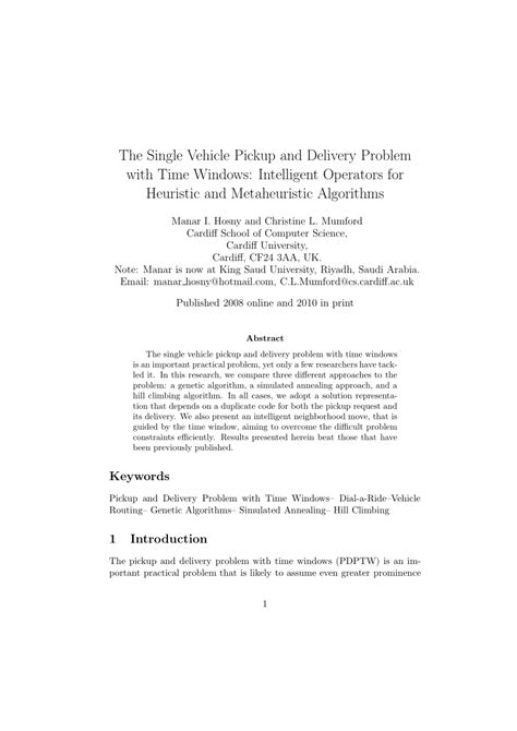 Pdf The Single Vehicle Pickup And Delivery Problem With Time Windows