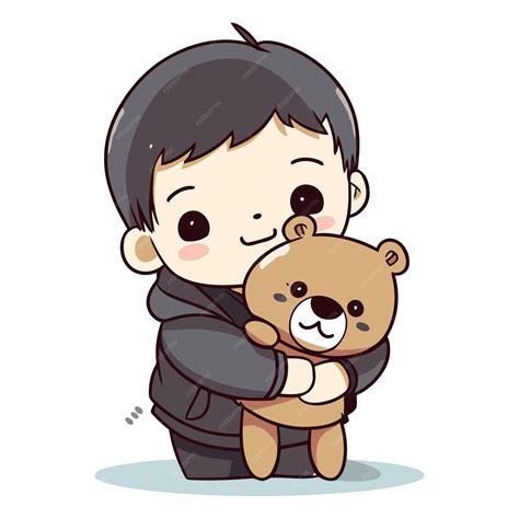 Милый маленький мальчик обнимает плюшевого медведя Векторная мультфильмная иллюстрация Премиум