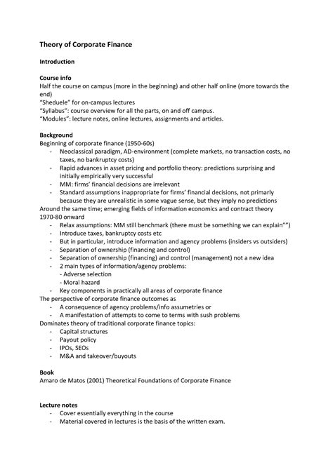 Nekn93 Theory Of Corporate Finance Lecture Notes Theory Of Corporate Finance Introduction