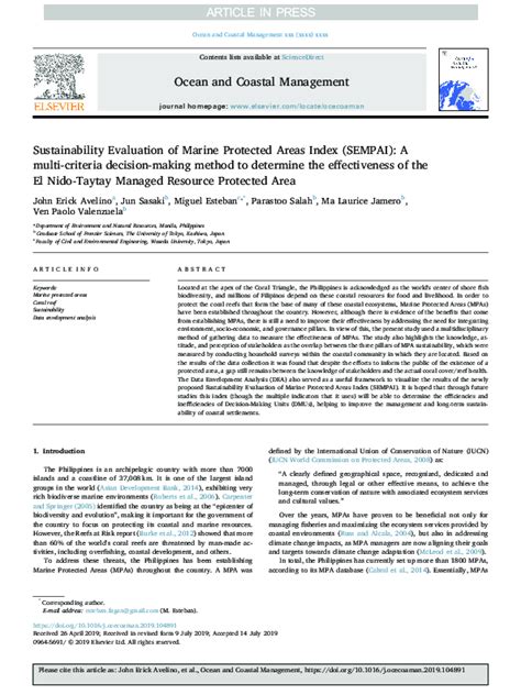 Pdf Sustainability Evaluation Of Marine Protected Areas Index Sempai