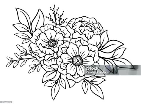플라워 라인 아트 승화 손으로 그린 꽃 스케치 라인 아트 그림입니다 꽃 실루엣 또는 꽃 흑백 배경입니다 꽃 조립 또는 꽃꽂이 식물 꽃 그림 0명에 대한 스톡 벡터 아트 및