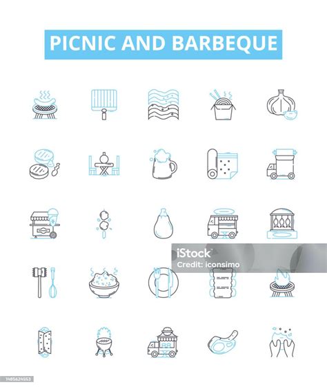 피크닉과 바베큐 벡터 라인 아이콘이 설정되었습니다 피크닉 바베큐 바비큐 야외 그릴 요리 잔치 그림 개요 개념 기호 및 기호 아이콘에 대한 스톡 벡터 아트 및 기타 이미지