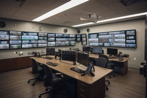 High Tech Surveillance Room With Multiple Security Cameras And Monitoring Equipment Stock