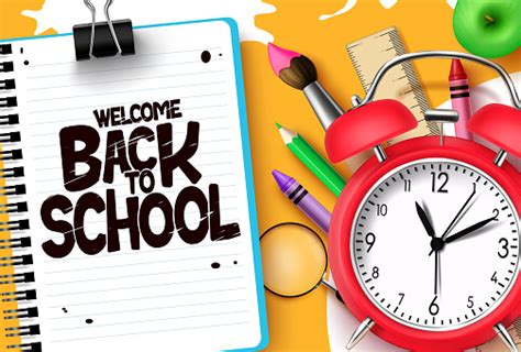 학교 벡터 디자인에 오신 것을 환영합니다 알람 시계와 교육 자료 및 항목이 있는 신학기 텍스트 개체 그룹에 대한 스톡 벡터 아트 및 기타 이미지 Istock