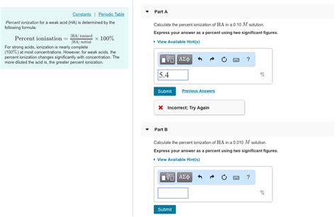 Part A Percent Ionization For A Weak Acid Ha Is