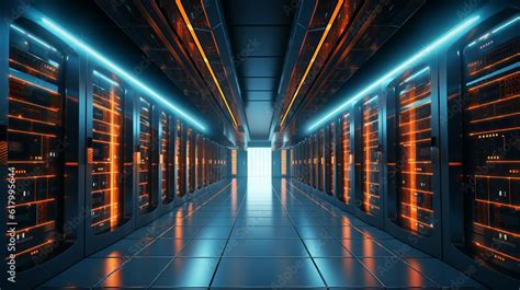 Huge Modern Server Room Information Digitalization Lines Streaming Through Servers SAAS Cloud